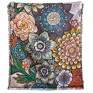 YoKii Boho Floral Cotton Throw Blanket with Fringes 51’’W x 63’’L, Colorful Vintage Bouquet Patterned Decorative Bed Couch Throw Blanket Bohemian Woven Knitted Tapestry Blanket for Women Girls