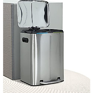 10 Gallon Dual Trash Can, Classified Recycling Bin for Kitchen Recycling and Trash, Double Compartment Trash Can Rubbish Bin with Lid, Plastic Inner Buckets, Stainless Steel, Soft-Close, Airtight