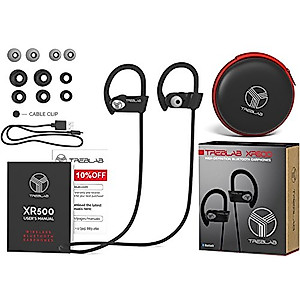 TREBLAB XR500 Bluetooth Headphones, Best Wireless Earbuds for Sports, Running Gym Workout. IPX7 Water Resistant, Sweatproof, Secure-Fit Headset. Noise Cancelling Earphones w/Mic