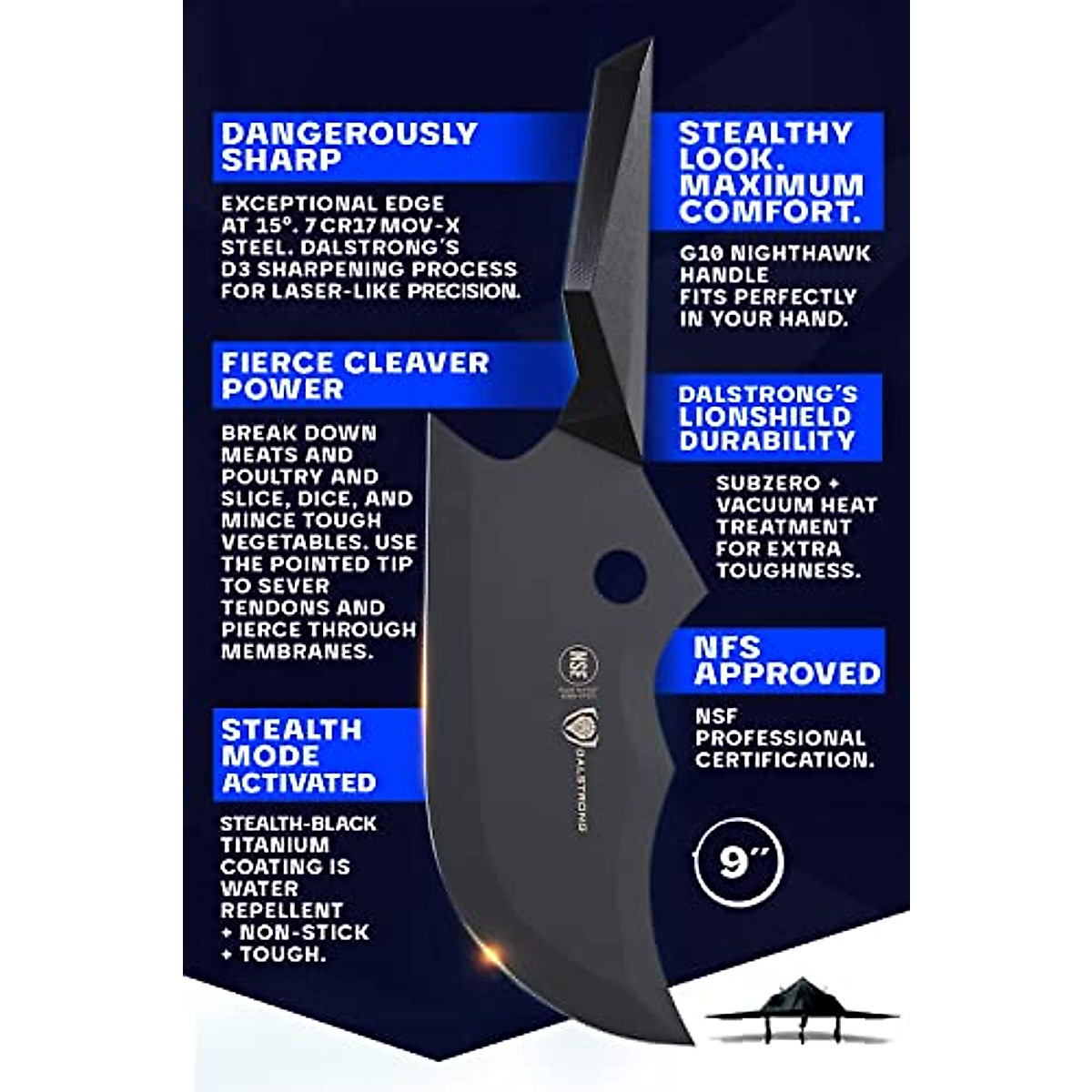 DALSTRONG Meat Cleaver Knife - 9 inch - Shadow Black Series - Black Titanium Nitride Coated - High Carbon - 7CR17MOV-X Vacuum Treated Steel - Sheath - Massive Razor Sharp Kitchen Knife - NSF Certified