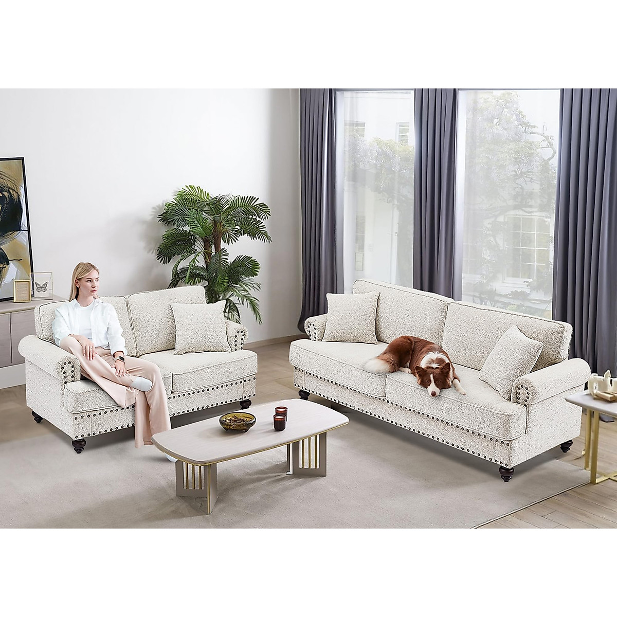 JEEOHEY 2 Piece Living Room Furniture Sets,Comfy Sofa Couch Set,Including Loveseat&3 Seater Sofa,Upholstered Deep Seat Sofa,Modern juegos de muebles de sala with Rolled Arms & Nailhead Trim(White)