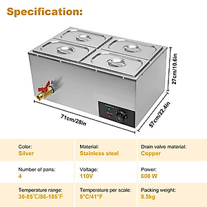 4 Pan Commercial Food Warmer, 19.2 QT Steam Table Food Warmer,600W Warmers for Food Trays Buffet with 86-185°F Temp Control,Steam Table with Lid and Tap for Catering and Restaurants,Silver