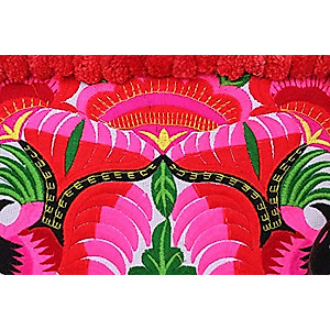 Red Pom Pom Clutch Bag with Embroidered Hmong Tribes Orchid Pattern