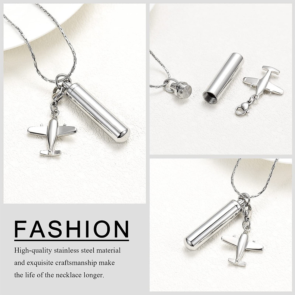 constantlife Cylinder Cremation Jewelry for Ashes 316L Stainless Steel Urn Pendant Memorial Necklace with Small Accessories Charms Keepsake (Airplane)