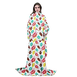 jejeloiu Chocolate Doughnut Fleece Blanket with Sleeves for Women,Whimsical Dessert Wearable Blanket Warm Cozy, Abstract Desserts Food Super Soft Sleeved Throw with Arm, 50"x70", Colorful