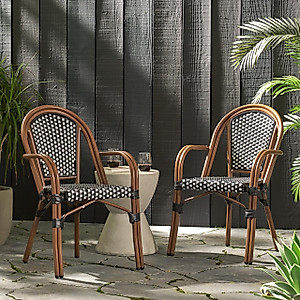 BKSFOAA French Bistro Chairs Set of 2 | Outdoor Hand-Woven Rattan Wicker Dining Armchair for Patio Porch Garden | Double Tube Aluminum Frame & Bamboo Print Finish | Black+White