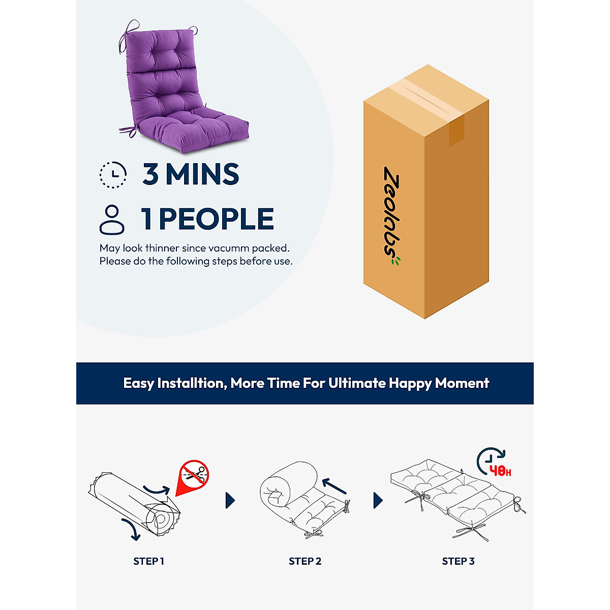 ZEOLABS Outdoor High Back Chair Cushion,Water Resistant Tufted Adirondack Rocking Chair Cushion with Ties,Replacement Seat Cushion for Patio Furniture,Purple