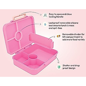 KOMUNURI LeakProof Bento Lunch Box for Kids, 4 or 5 Compartments, Microwave Safe, Dishwasher Safe, BPA Free, Lightweight, Kid Friendly Latch (True Pink - Butterflies & Flowers)