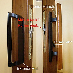 Mortise Style Reversible Sliding Patio Door Handle Set with Oak Wood Interior Handle and Exterior Pull in White Diecast Finish Fits 3-15/16” Screw Hole Spacing, Non-keyed with Latch Locks (Black)
