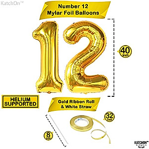 KatchOn, Giant Gold 12 Balloon Number - 40 Inch | 12 Number Balloons, 12th Birthday Decorations Boy | Gold 12 Balloons for Golden Birthday Decorations for Girls 12 | Number 12 Balloons for Birthdays