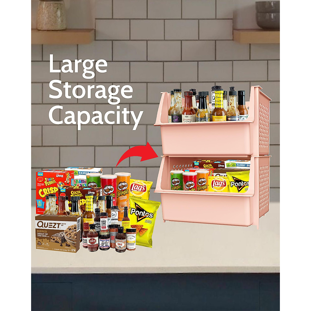 Skywin Plastic Stackable Storage Bins for Pantry - 2 Pack Stackable Bins For Organizing Food, Kitchen, and Bathroom Essentials (Cream)