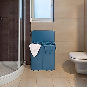Lifewit Double Laundry Hamper with Lid and Removable Laundry Bags, Large Collapsible 2 Dividers Dirty Clothes Basket with Handles for Bedroom, Laundry Room, Closet, Bathroom, College, Grey and Blue