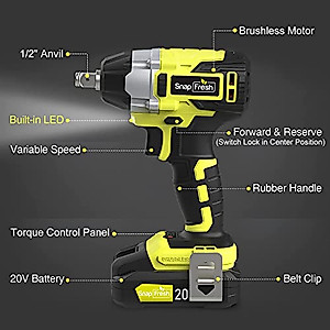 SnapFresh 20V 1/2" Brushless Impact Wrench Kit with 335ft-lbs Torque Max, 2300 RPM Variable Speed, 2.0Ah Li-ion Battery&1h Fast Charger, 4 Pcs Sockets
