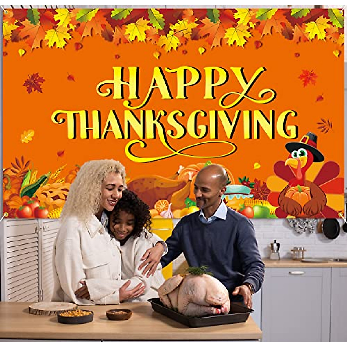 PTFNY Happy Thanksgiving Backdrop Banner 73 x 43 Inch Large Thanksgiving Day Background Banner Maple Leaves Pumpkin Turkey Party Banner Thanksgiving Decorations Photo Booth Props