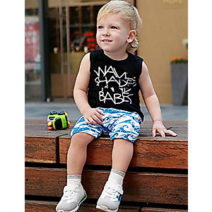Helbaar Baby Boy Clothes Waves Shades and Babes Print Summer0 6 12 18 24months 2 3 T Black Sleeveless Tops and Wave Short Pants Outfits Set(18-24months)