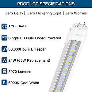 PARNOARCK Fluorescent Light Bulbs 48 inch T8 LED Bulbs 4 Foot Type A+B,24W 3200LM 6500K Clear Cover Super Bright,Single and Double End Powered,T8 T10 T12 Fluorescent Bulbs Replacemen(4-Pack)