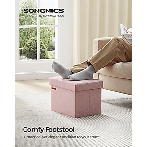SONGMICS Small Folding Storage Ottoman, Foot Rest Stool, 12.2 x 16.1 x 12.2 Inches, 286 lb Load Capacity, for Living Room, Bedroom, Home Office, Dorm, Jelly Pink ULSF102R01