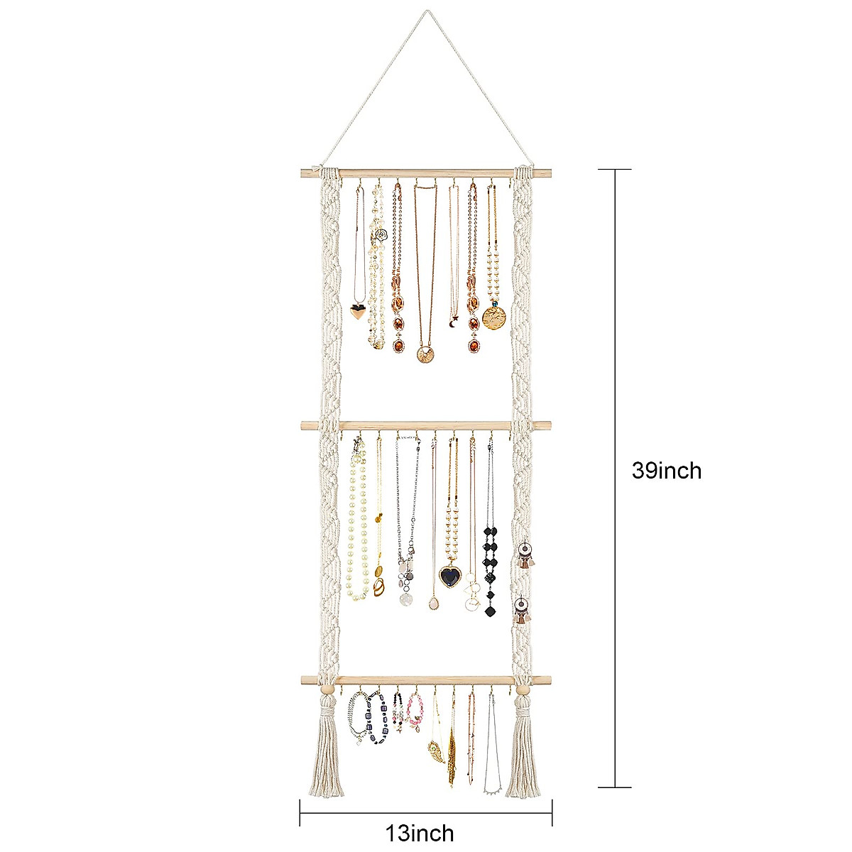 Grathia Hanging Jewelry Organizer Macrame Necklace Holder with 30 Hooks, Wall Mounted Necklace Rack, Necklace Hanger with Tassel for Necklaces Bracelet Earrings (Beige)