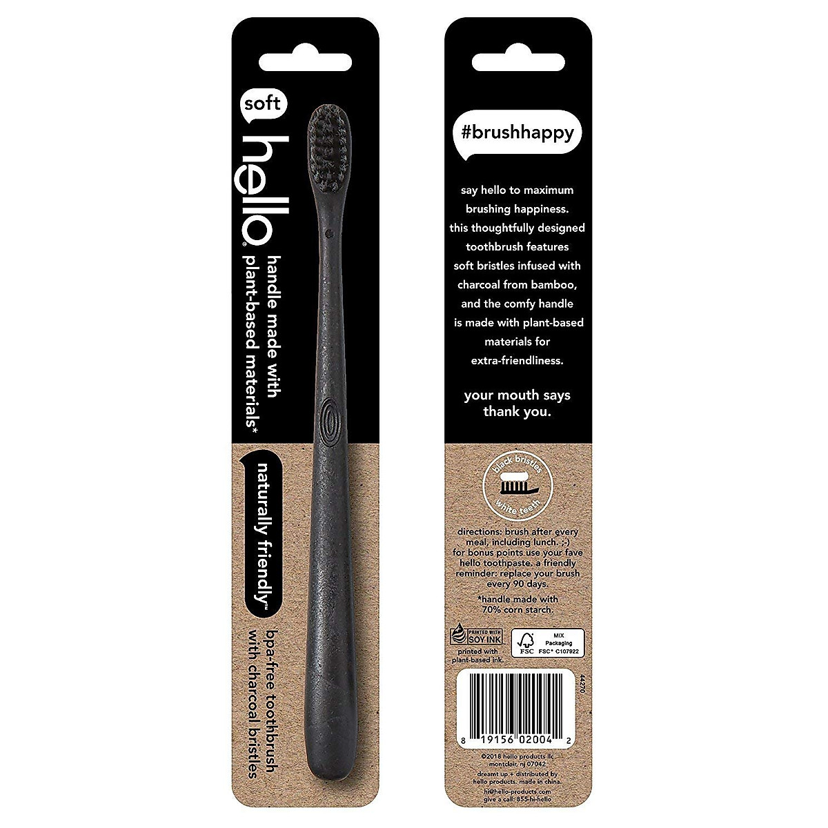 Hello Charcoal Infused Soft Bristle Toothbrush, Black, BPA Free, Vegan, Plant Based Handle, 1 Count (Pack of 6)