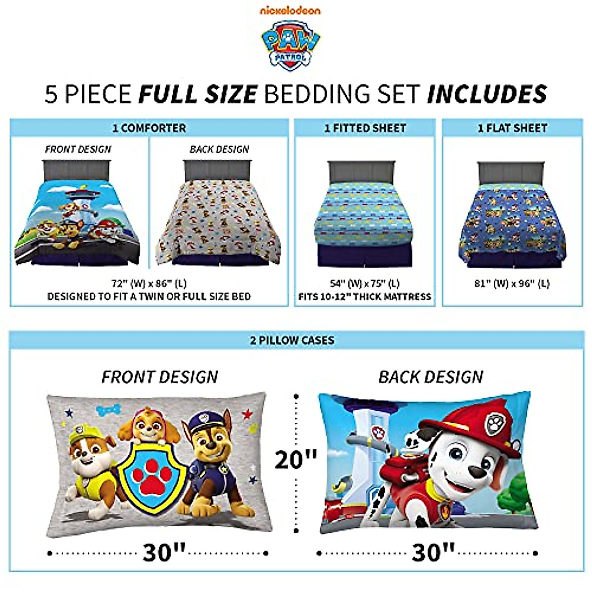 Franco Paw Patrol Kids Bedding Super Soft Comforter And Sheet Set, 5 Piece Full Size, (Official) Nickelodeon, 39 x 75 Inch