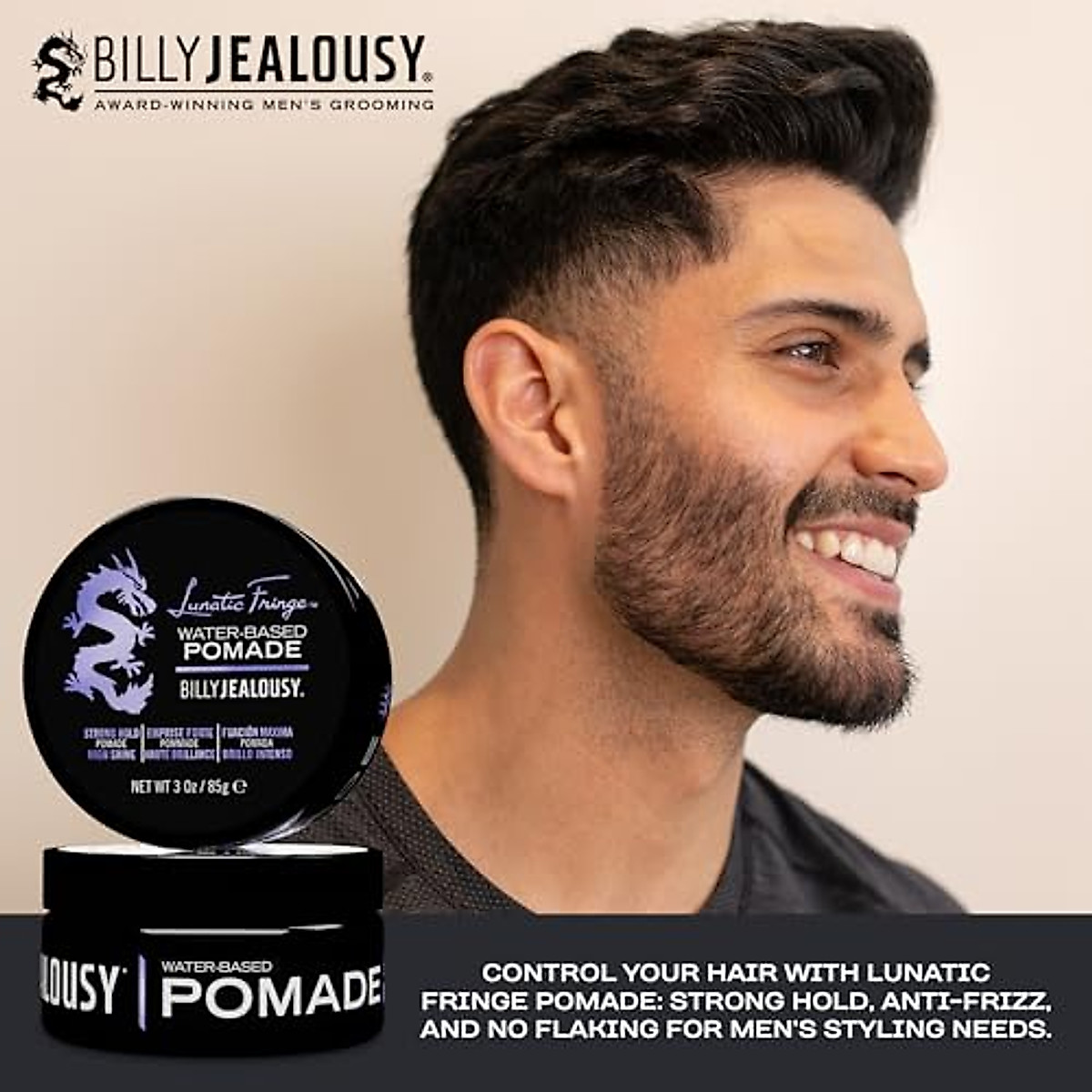 Billy Jealousy Lunatic Fringe Water-Based Pomade for Men, Strong Hold, High Shine, Water Soluble and Vegan Hair Product Ideal for Medium to Long Thick Mane, 3 oz