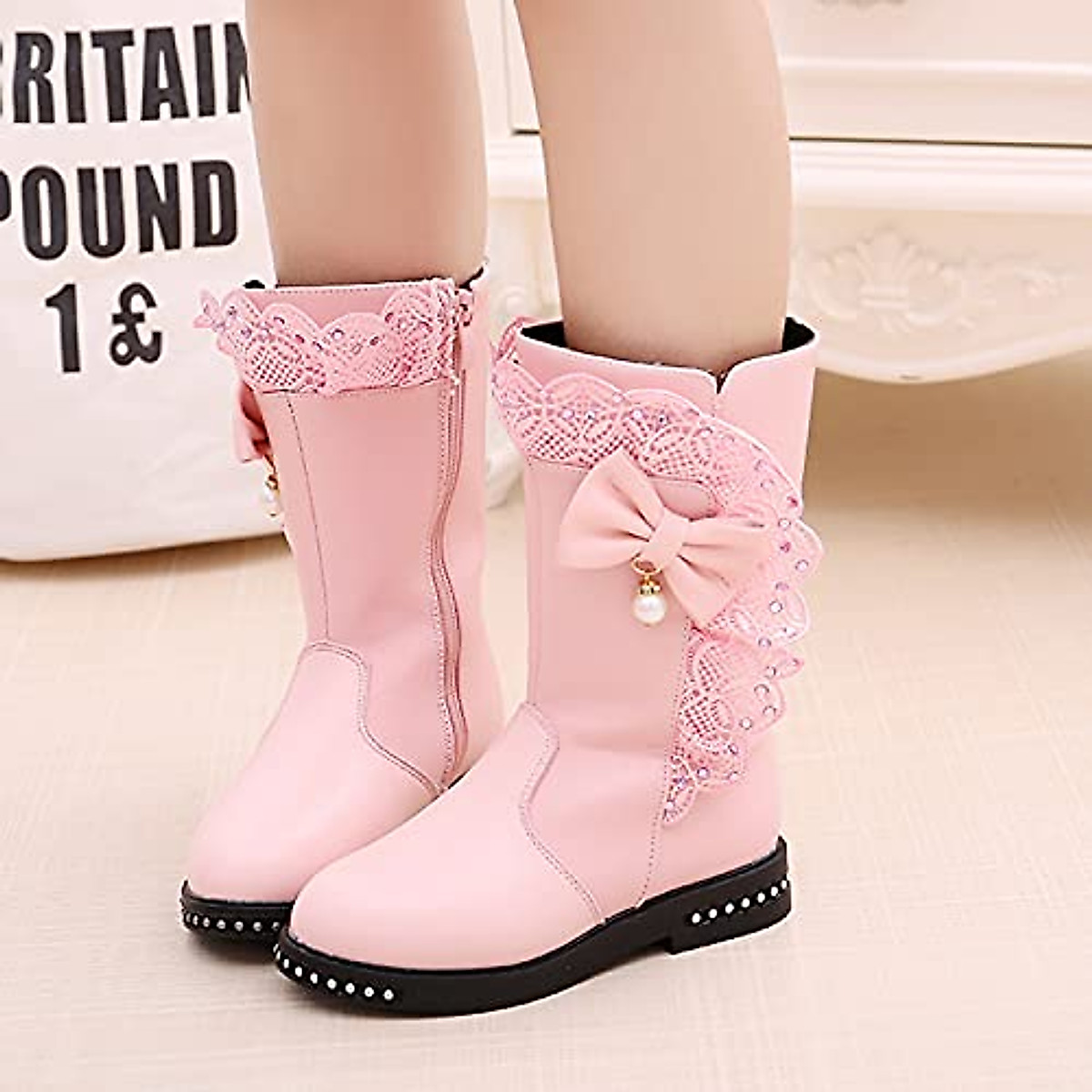 Lykmera Lace Boots for Baby Girl Fashion Winter Boots for Girl Kids Boots Shoes Princess Knee Bowkont Shoes Slip on Boots (Pink, 10.5-11 Years Big Kids)