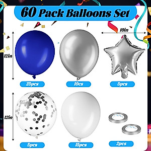 Sratte 60pcs Balloons Kit 12 Inch Confetti Balloons with 2 Rolls Ribbon Latex Balloon Party Favor Metallic Balloons for Birthdays Baby Shower Wedding Graduation Decorations (Royal Blue, White, Silver)