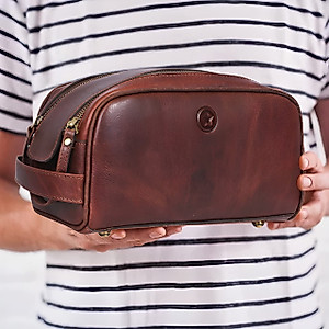 10" Premium Leather Toiletry Travel Pouch With Waterproof Lining | King-Size Handcrafted Vintage Dopp - Kit By Aaron Leather Goods (Dark Brown)