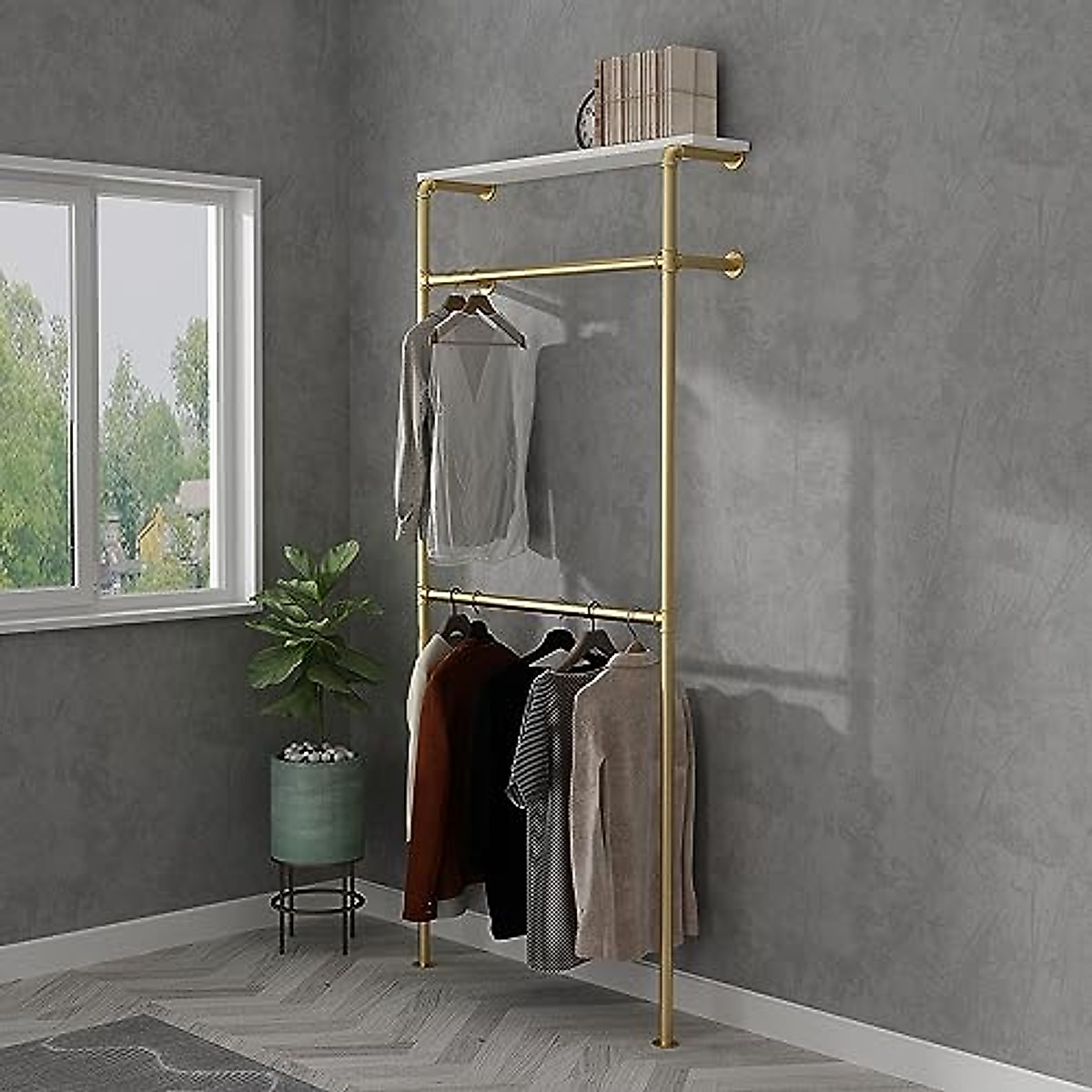 LANJIN Industrial Pipe Clothing Rack,Clothes Rack for Wardrobe, Bedroom and As Walk-in Closet System.Sturdy Clothing Racks for Hanging Clothes,Wall Mounted Heavy Duty Clothes Rack,Gold A