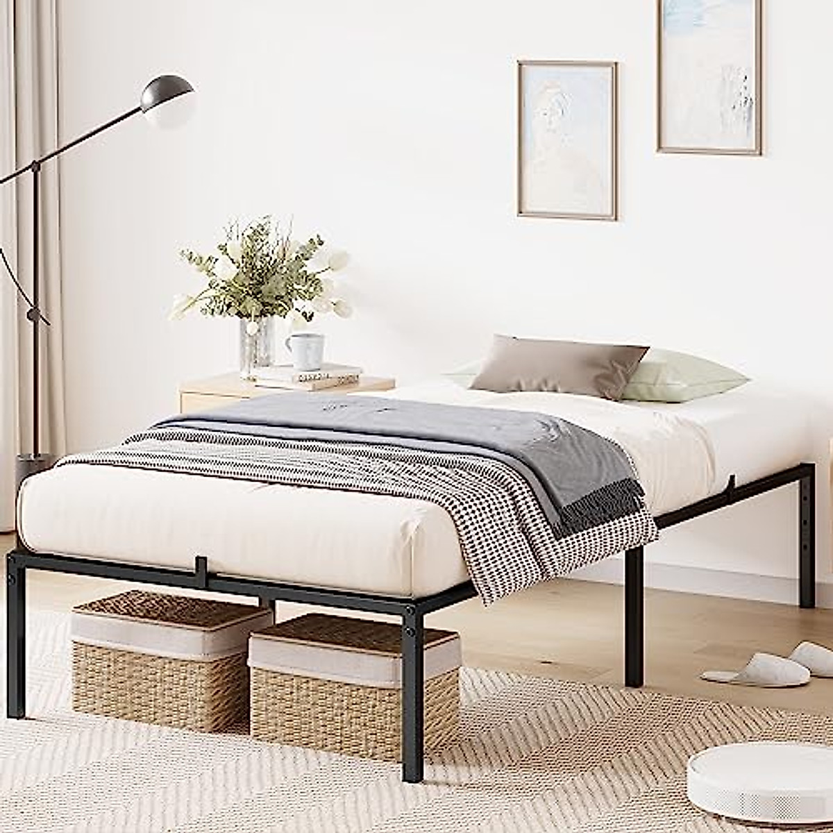 Amyove Twin Size Bed Frame, Metal Twin Platform Bed Frame with 3 in 1 Steel Support, 14 Inch No Box Spring Needed Easy to Assemble Black Mattress Foundation - Twin
