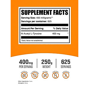 BulkSupplements.com N-Acetyl L-Tyrosine Powder -Tyrosine Supplement, NALT Powder - Amino Acid Supplement, Unflavored & Gluten Free, 400mg per Serving, 250g (8.8 oz) (Pack of 1)