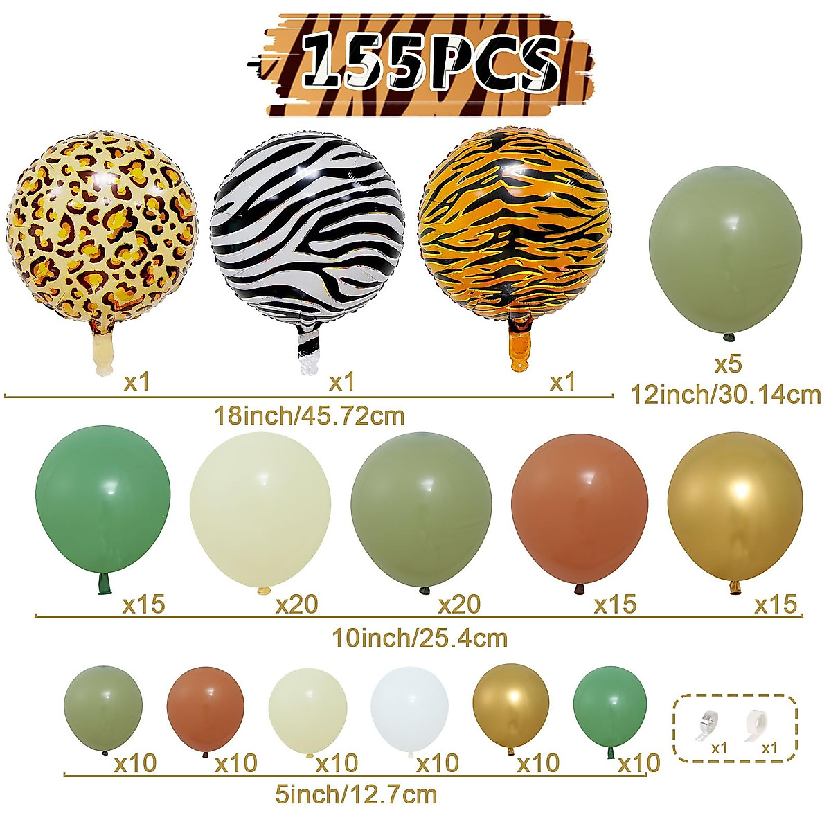 156pcs Jungle Safari Balloon Garland Arch Kit-Sage Green White Balloon with Tropical Animal Decoration for Boy Baby Shower, Wild One Birthday, Woodland Zoo Pals Party Supplies