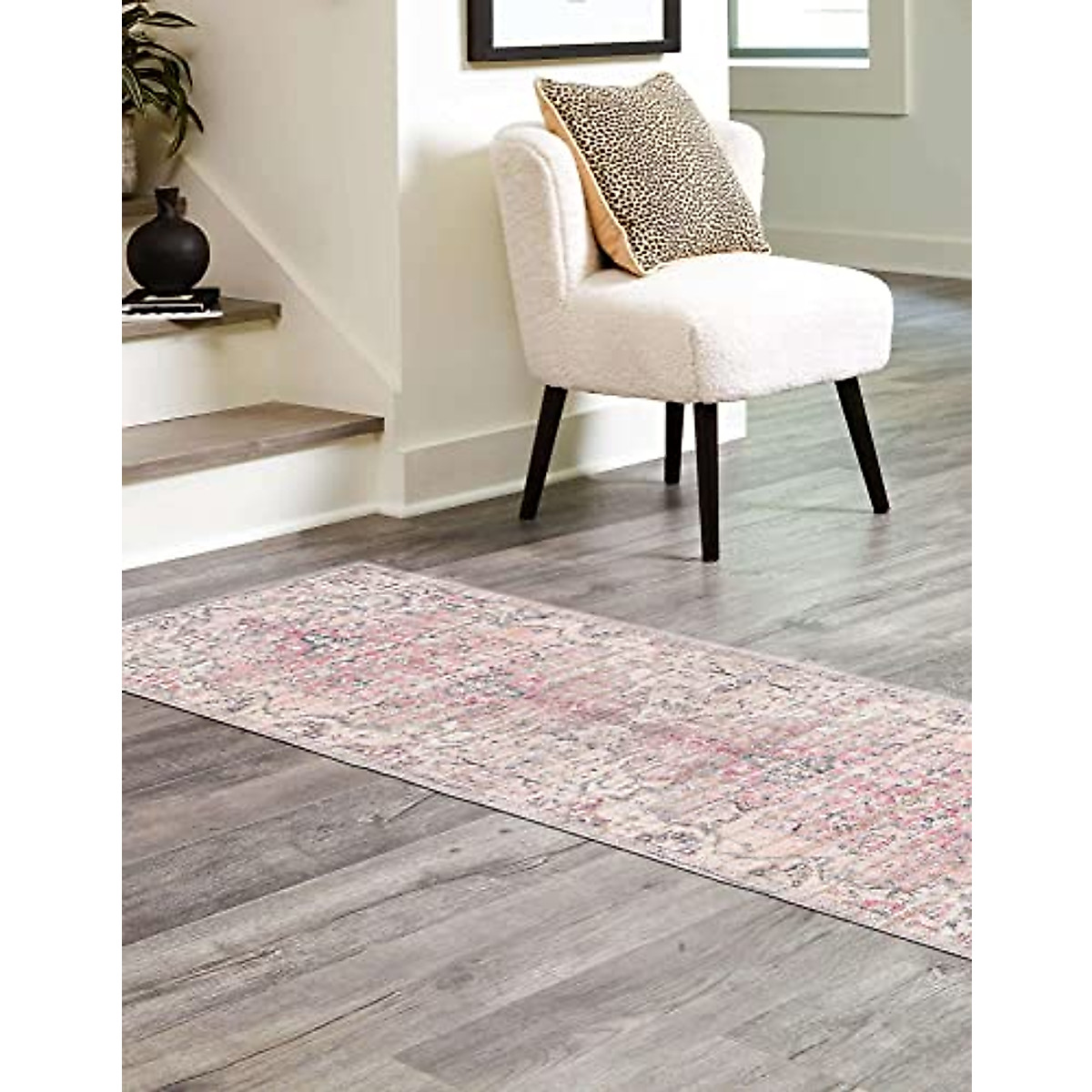 Rugs.com Nostalgia Washable Collection Rug – 2' 7 x 12' Runner Beige Pink Flatweave Perfect for Hallways, Entryways