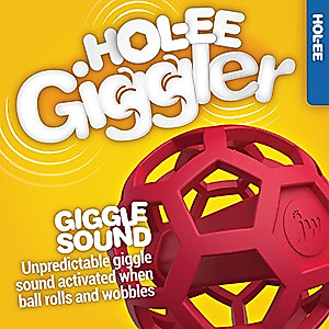 JW Pet Hol-ee Giggler Dog Toy Puzzle Ball, Natural Rubber, Medium (4.5 Inch Diameter), Red