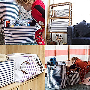 Hinwo 31L Large Storage Bins, Closet Organizers and Storage, Shelf Baskets, Foldable Clothes Storage Baskets with Handles, Containers for Clothing, Blanket, Towels, Toys, Bedding (Navy Stripe)