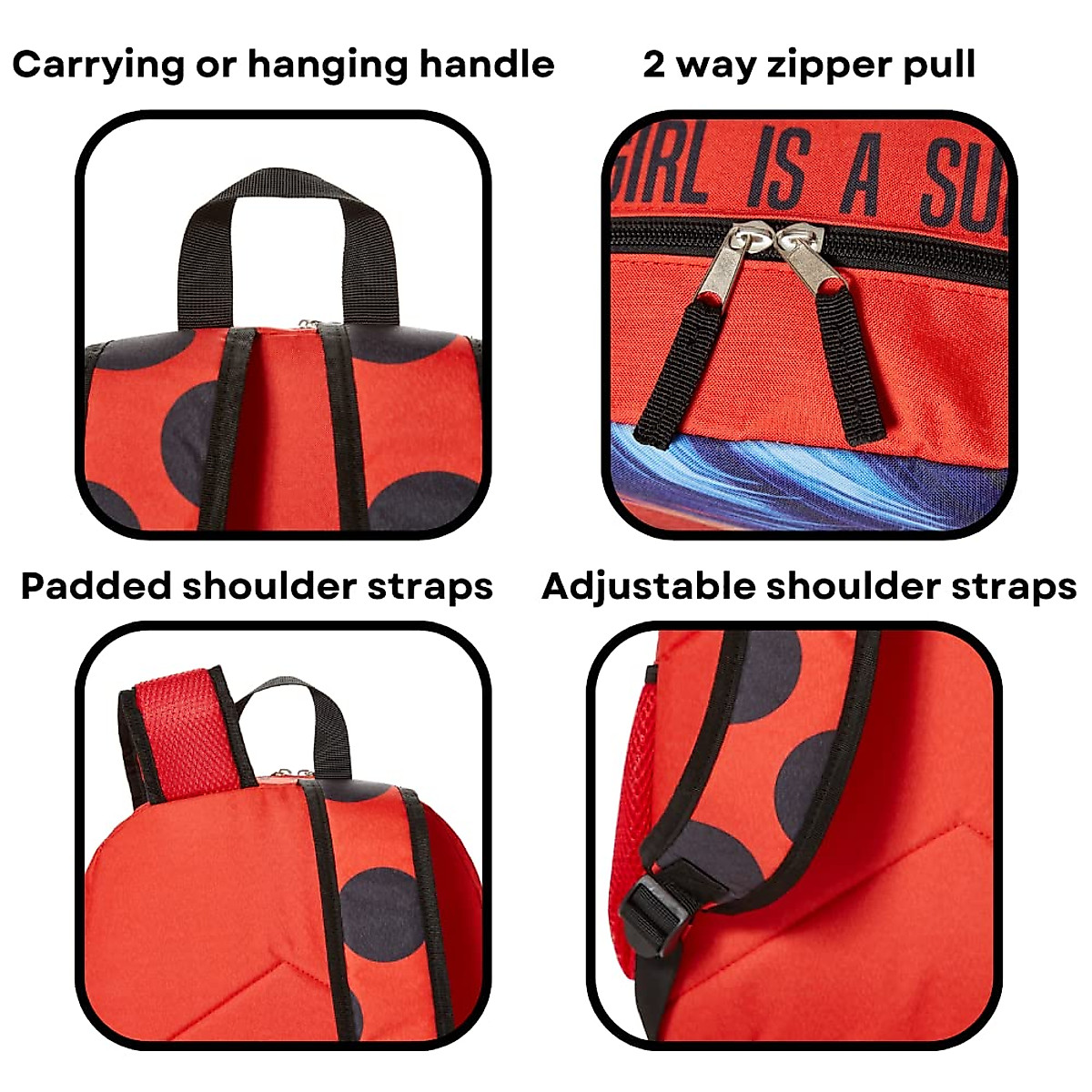 Miraculous Ladybug Backpack for Girls, 16 inch, Red