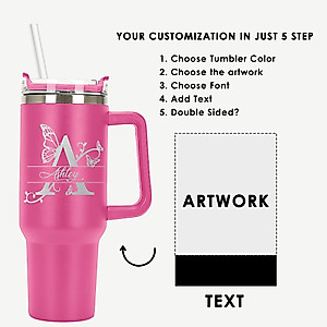 LifGif Butterfly Initial Split Monogram Personalized Tumbler 40 oz Laser Engraved, Insulated Cup with Handle, Lid and Straw, Gifts for Women, Personalized Valentines Day Birthday Gifts for Her