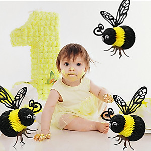 Jetec 6 Pcs Bee Party Decorations 8'' Tissue Bee Honeycomb Bee Hanging Decor for Baby Shower Gender Reveal Decoration Birthday Table Centerpieces Honey Bee Hive Decoration, 8'' x 10''