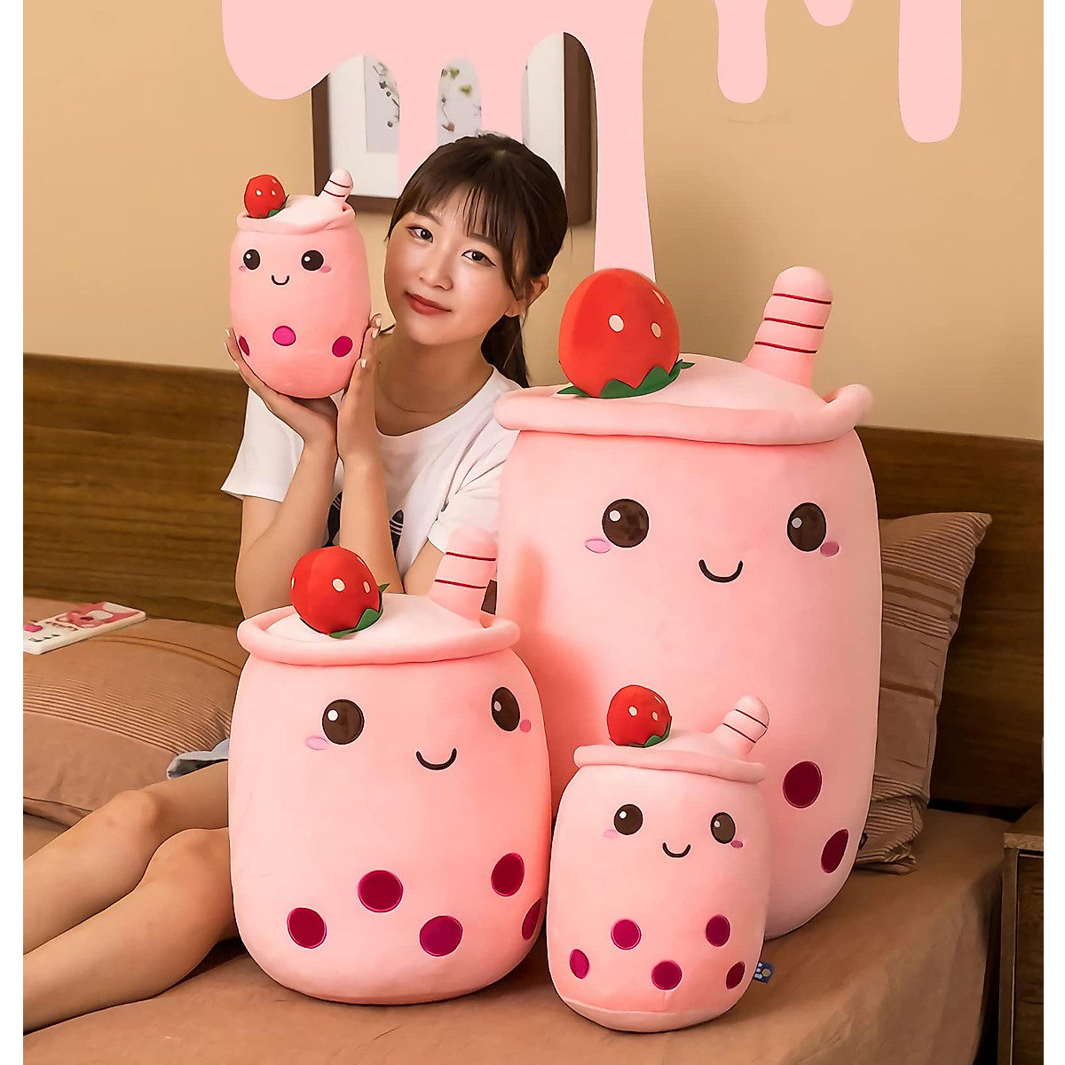 VICKYPOP Boba Plush Toy Cute Stuffed Bubble Tea Food Shaped Throw Pillow Cushion Cartoon Fruit Milk Tea Gift for Kids (Pink Open, 9.4 inches)