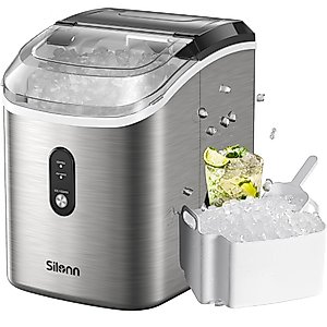 Nugget Countertop Ice Maker - Silonn Chewable Pellet Ice Machine with Self-Cleaning Function, 33lbs/24H, Sonic Ice Makers for Home Kitchen Office, Stainless Steel