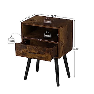 JAXPETY Nightstands Set of 2, Night Stand with Drawer and Open Storage Shelf, Bedside Tables with Solid Wood Legs, End Table, Side Table, for Bedroom, Retro Brown