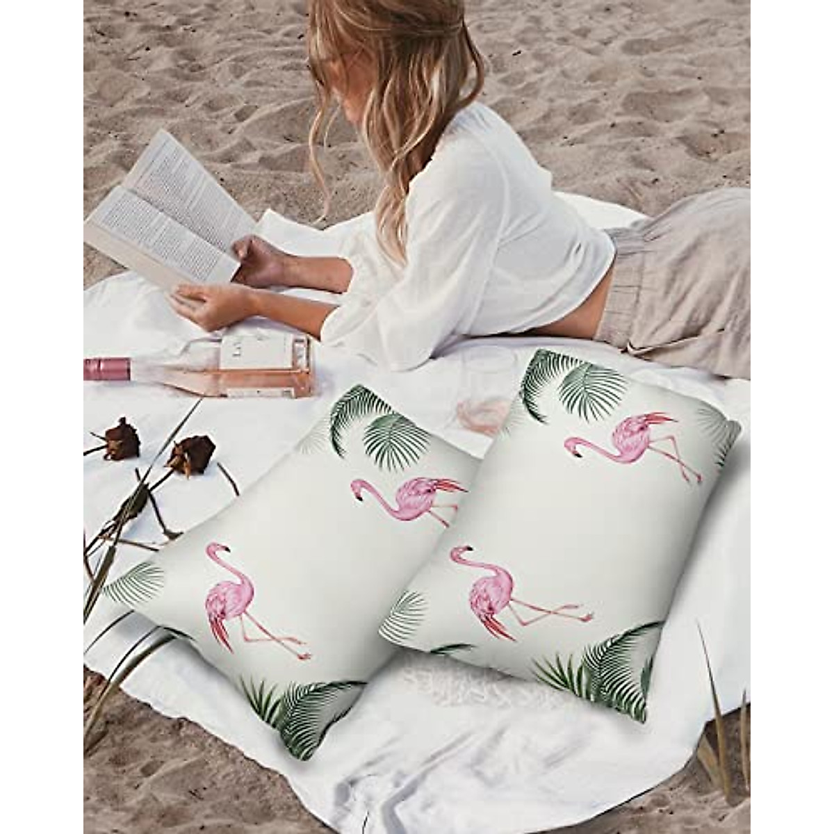 Vandarllin Outdoor Throw Pillows Covers 12X20 Set of 2 Waterproof Pink Flamingo Decorative Zippered Lumbar Cushion Covers for Patio Furniture, Tropical Palm Leaf