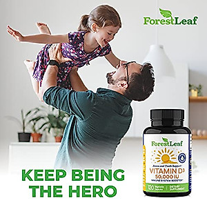 ForestLeaf - Vitamin D3 50,000 IU Weekly Supplement - 120 Vegetable Vitamin D Capsules for Bones, Teeth, and Immune Support - Easy Swallow Pure Vitamin D3 50000 IU- Non GMO Pills