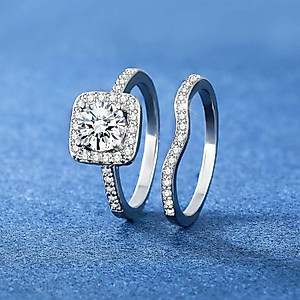 MDFUN 18K White Gold Plated Cubic Zirconia Two-In-One Halo Wedding Engagement Promise Eternity Ring for Women Size 7.5