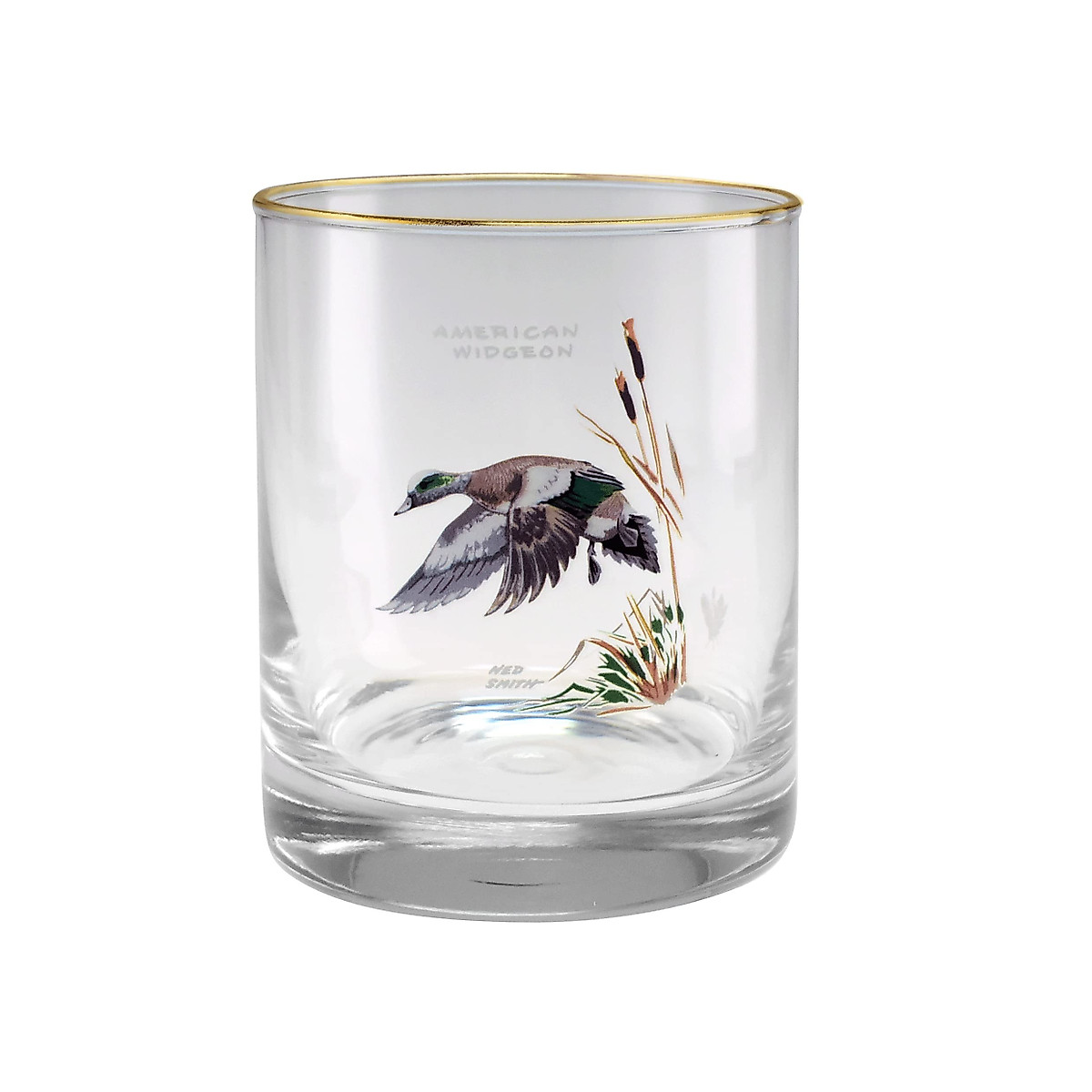 Culver Ned Smith 22k Gold Rim Waterfowl DOF Double Old-Fashioned Glasses, 13.5-Ounce, Assorted Set of 4