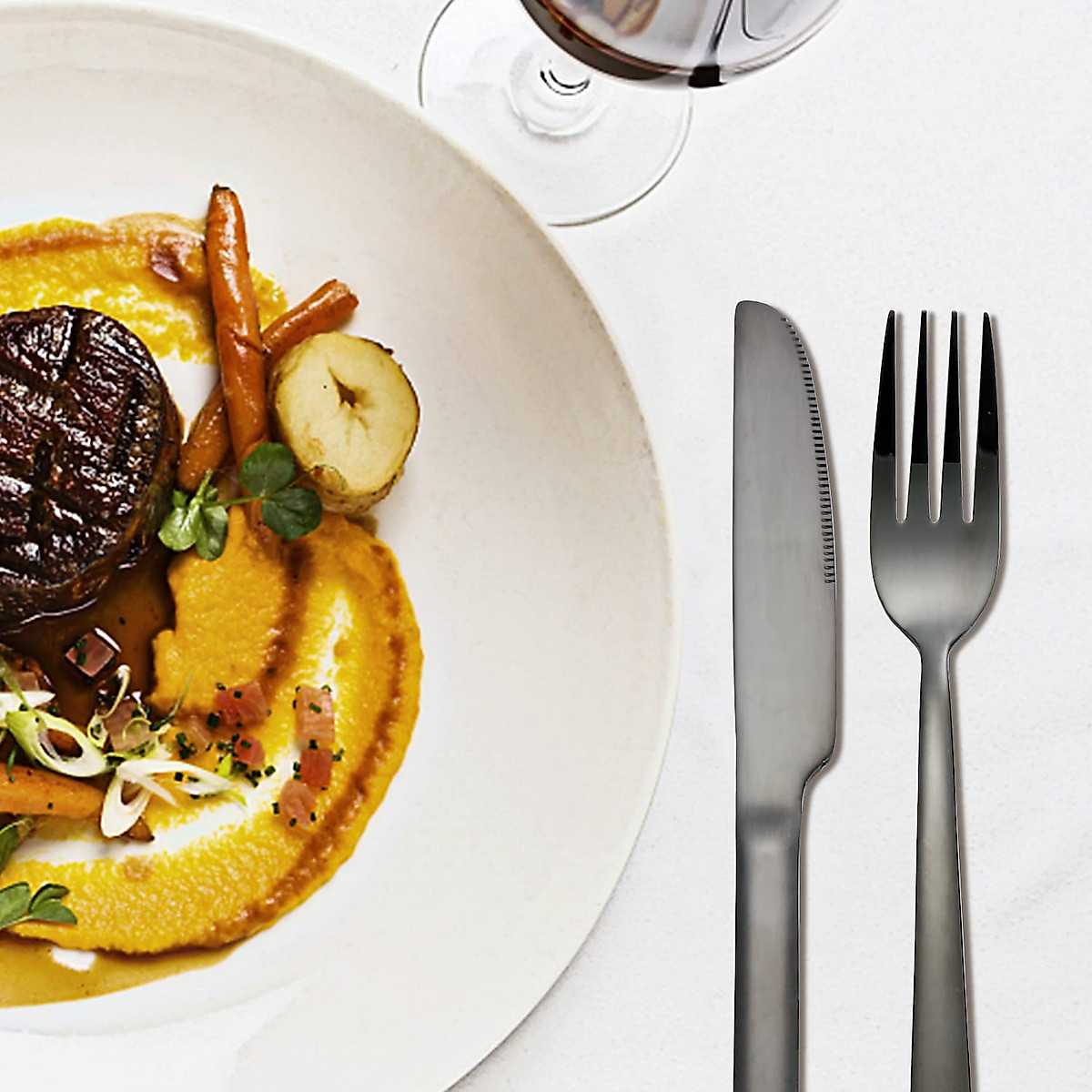 48 Piece Black Silverware Set for 8, RAEEK Stainless Steel Cutlery Flatware Set with Organizer, Mirror Polished Kitchen Utensils Tableware Sets, Include Fork Knife Spoon Set