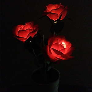 Penfly LED Solar Power Decorative Artificial Rose Flower Pot Plant Landscape Light Night Lamp Outdoor Garden Yard Pathway Lawn Grassland Red