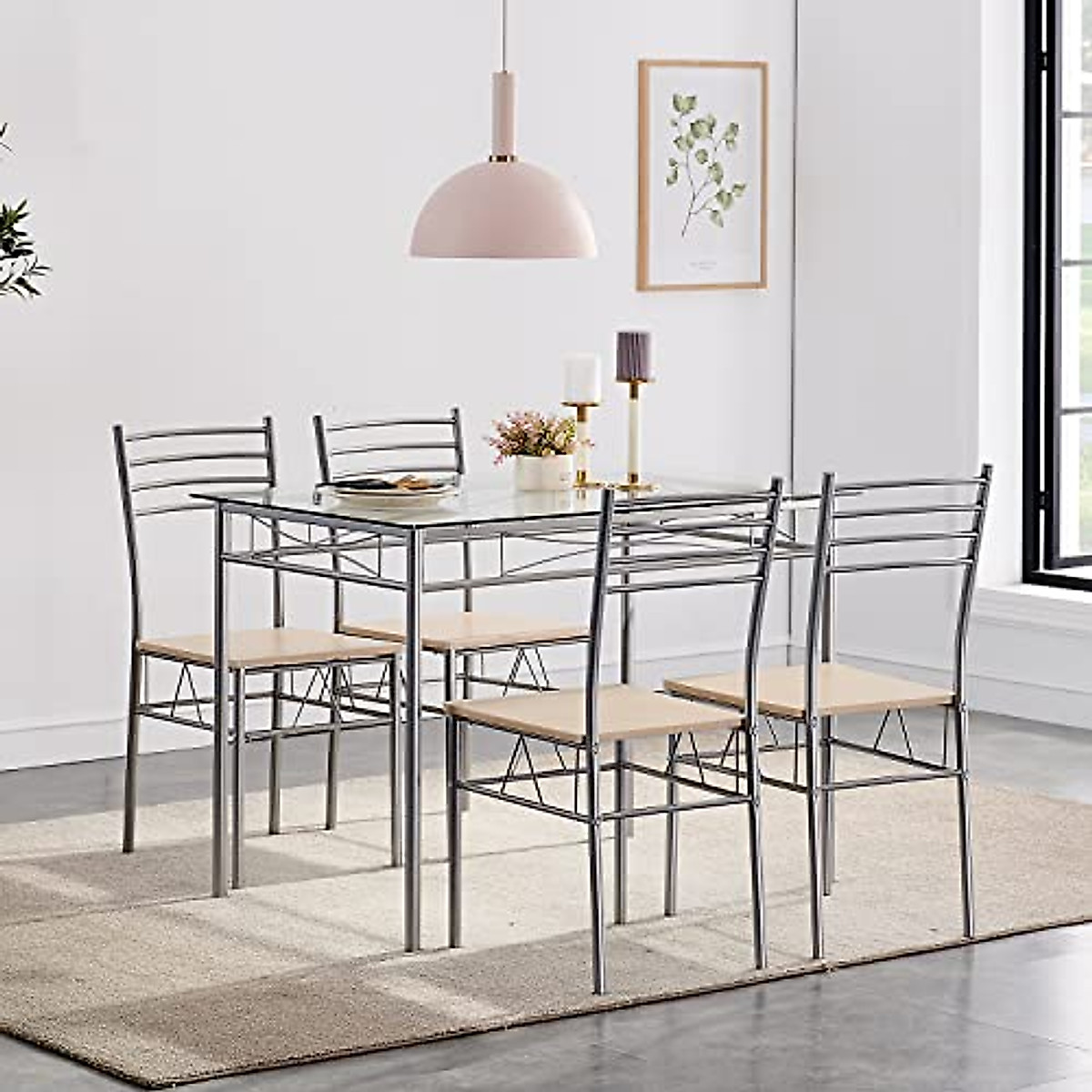 VECELO Kitchen Dining Table Sets for 4, 5 Piece Small Dinette with Chairs, Burnished Silver