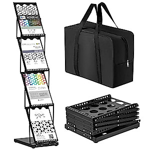 1 Piece Foldable Magazine Rack Metal Catalog Literature Rack Portable 4 Pockets with Carrying Bag Brochure Stand Literature Rack Display Holder Stand for Exhibition Trade Show