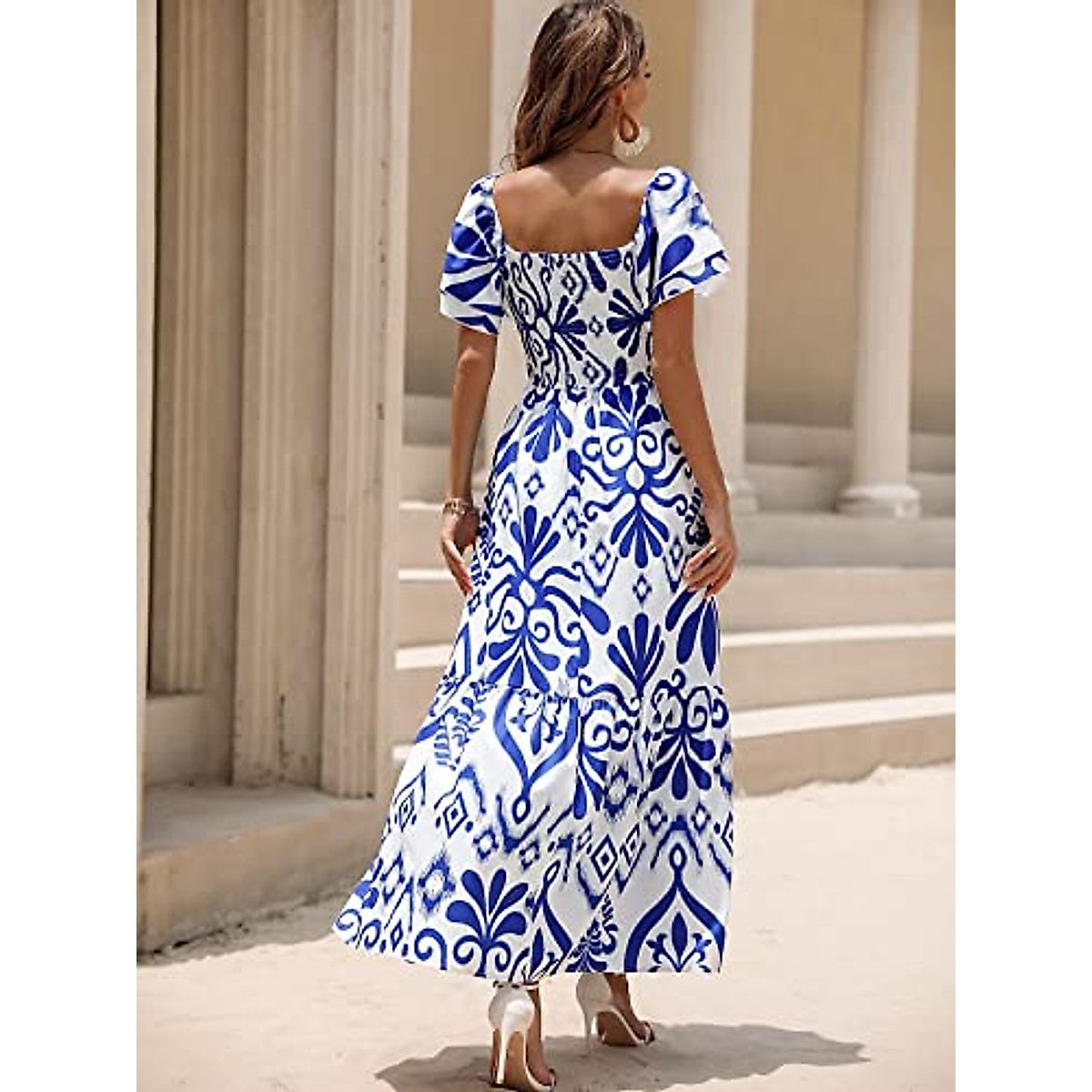 MakeMeChic Women's Floral Print Layered Short Sleeve Square Neck Ruffle High Waist A Line Summer Long Dress Blue and White XL